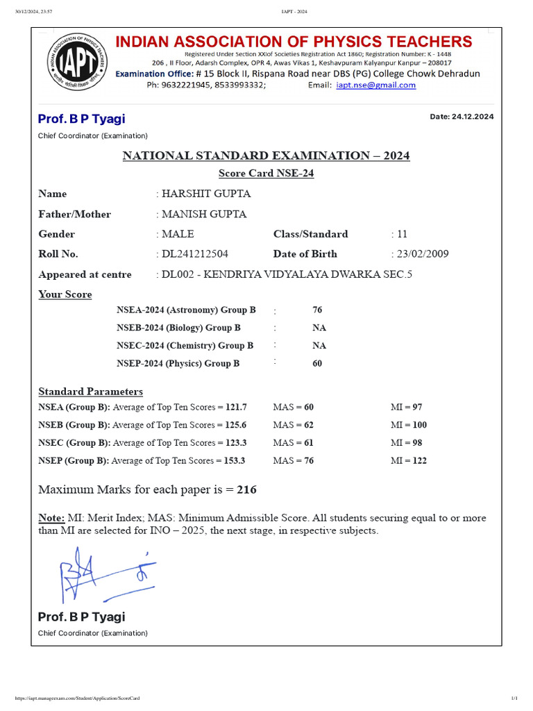 NSE-24 Score Card for Harshit Gupta | PDF