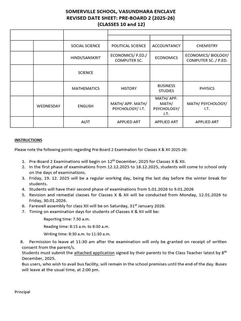 REVISED Date Sheet and Instructions Pre Board 2 2025 26 | PDF