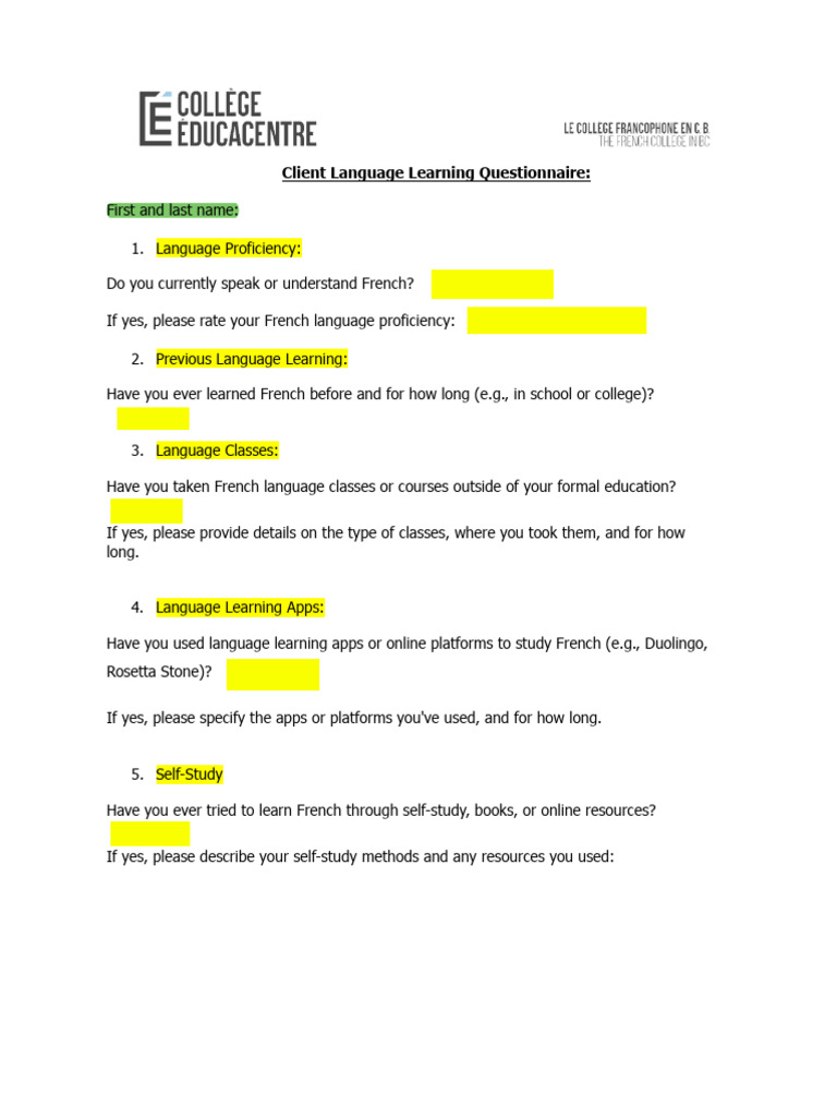 Client Language Learning Questionnaire | PDF