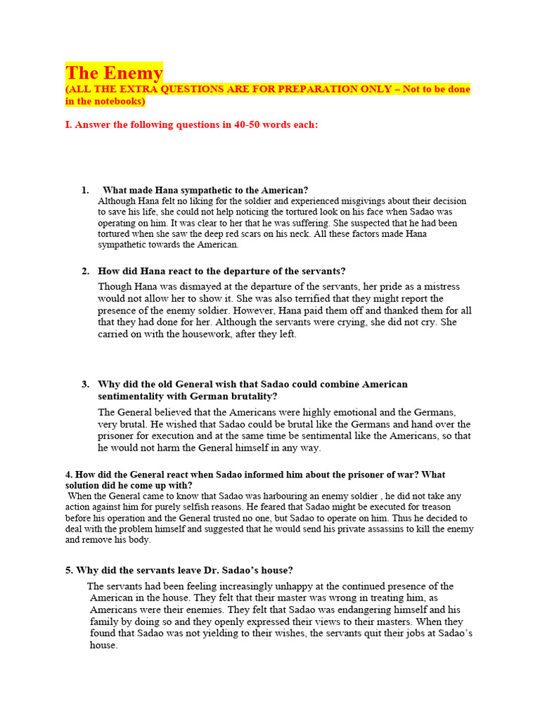 The Enemy Extra Questions 1755532912486 | PDF