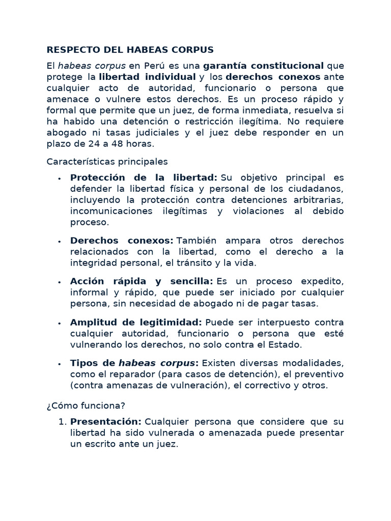 Habeas Corpus en Perú: Protección y Proceso | PDF | Habeas corpus ...