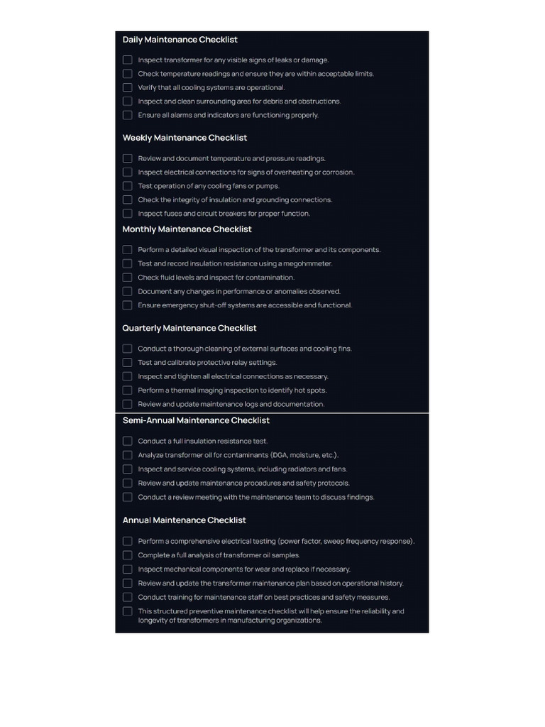 PXF - Daily Maintenance Checklist For Transformers 2 | PDF