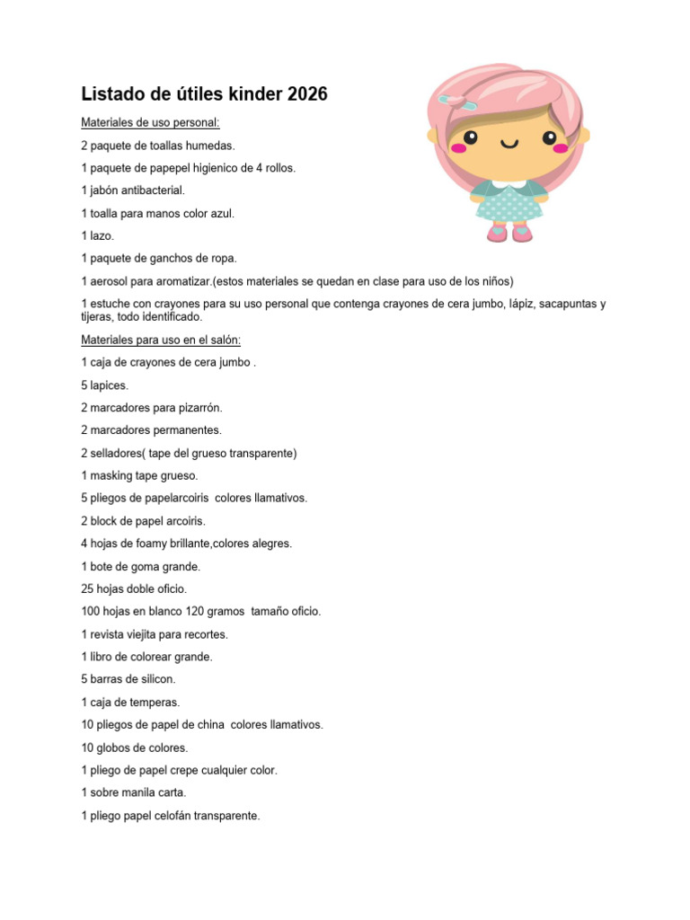 Listado de Utiles Kinder 2026 | PDF