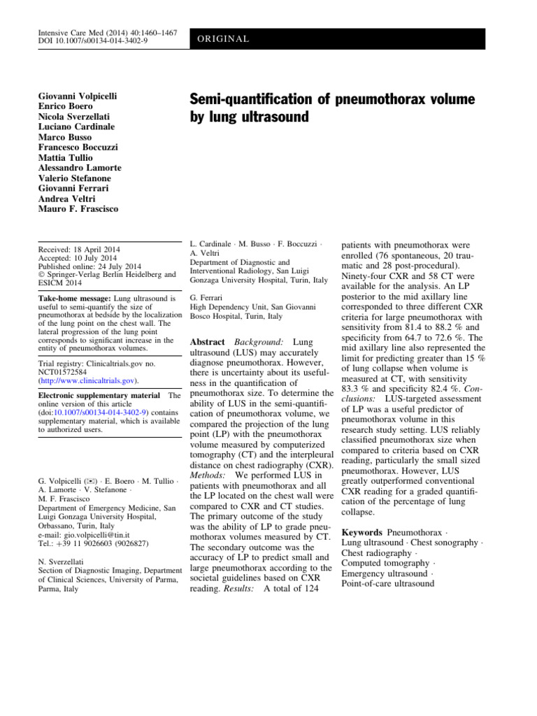 JC Pneumothorax Volpicelli Semi Quantification of PNX Volume by LUS ICM ...