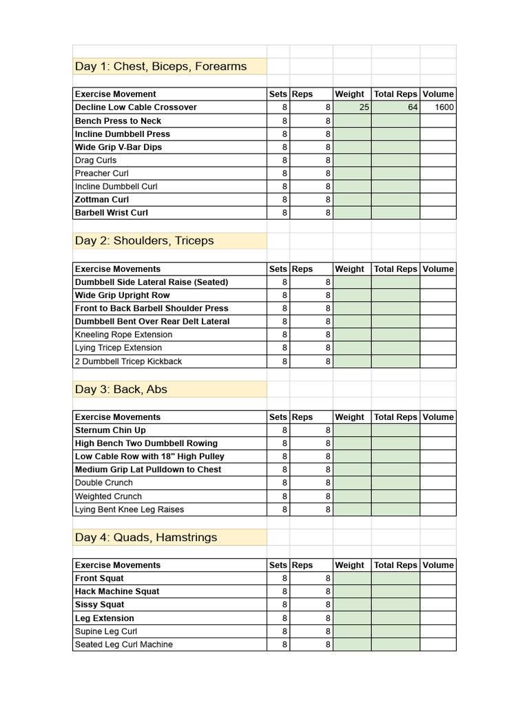 (4 Day - Advanced) Vince Gironda 8x8 Workout Routine Spreadsheet ...