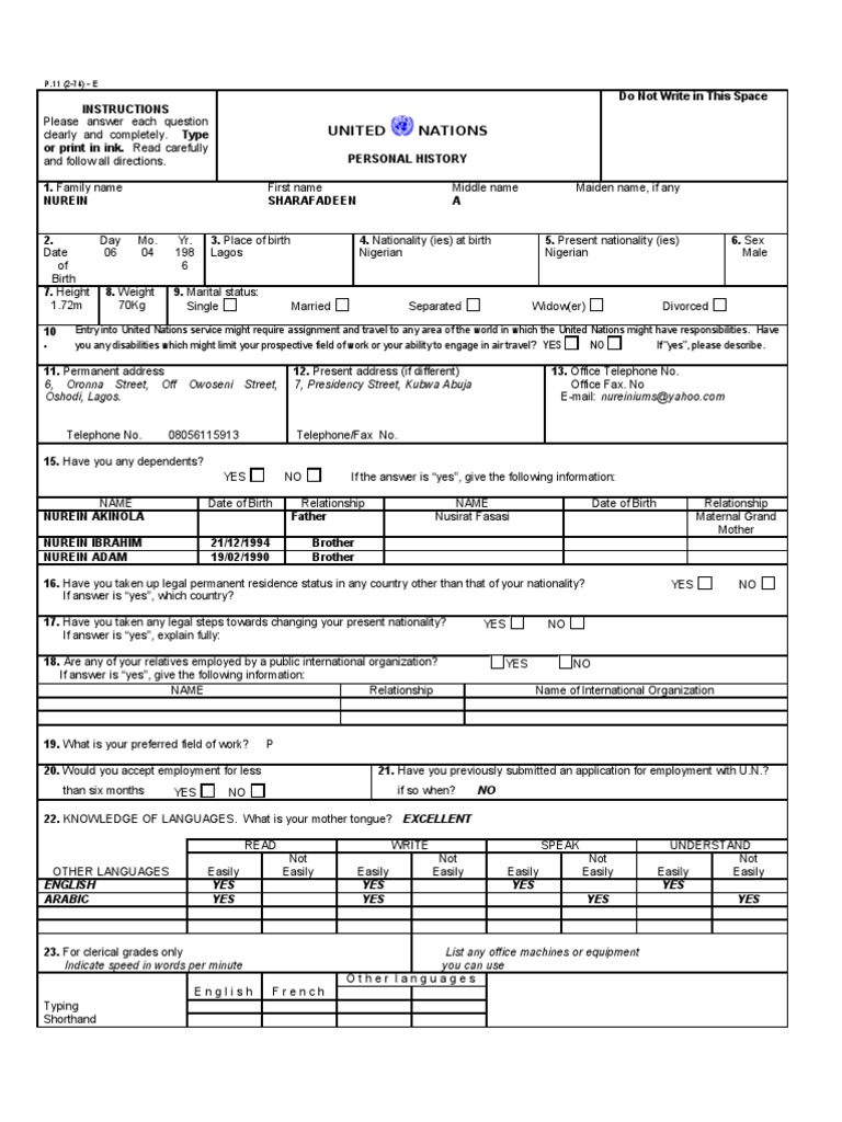 UN Personal History Form P11 | Employment | Academic Degree
