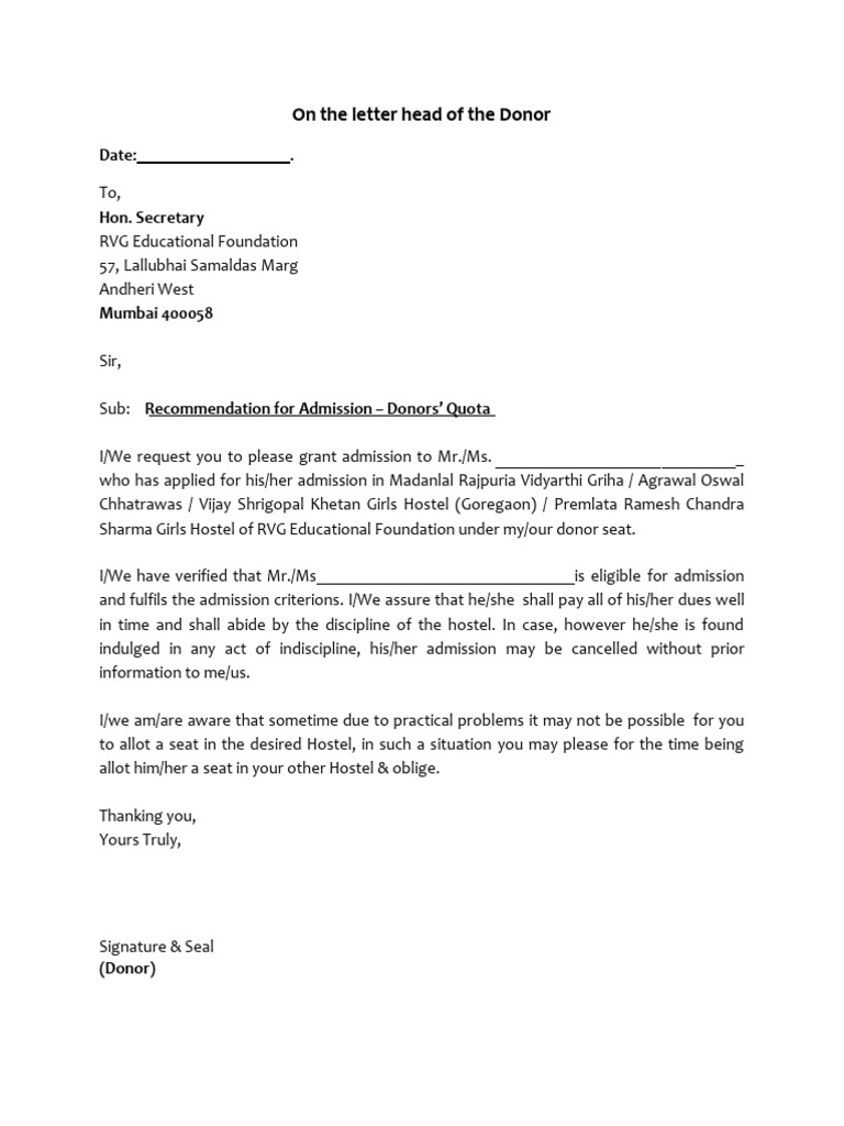 Format of Letter From Donor - Edited | PDF