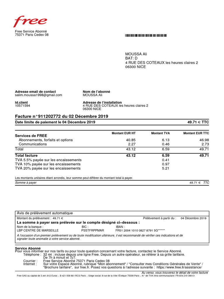 Facture Free de décembre 2019 - 49,71 € | PDF | Taxe sur la valeur ...