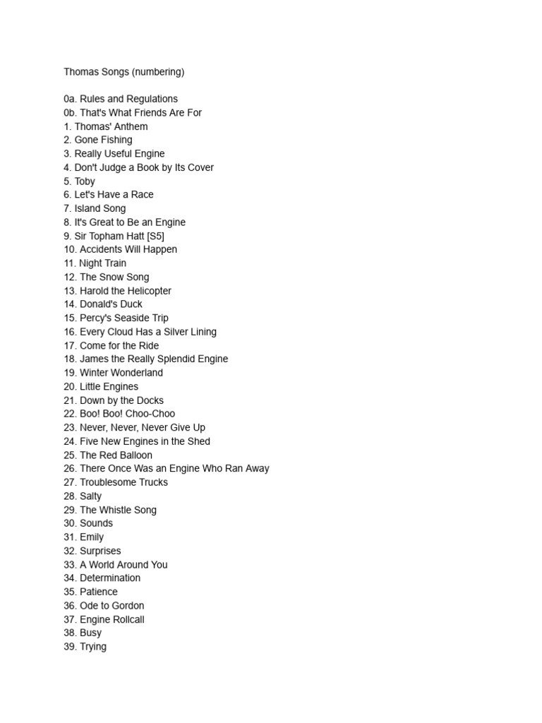 Thomas Songs List and Themes | PDF