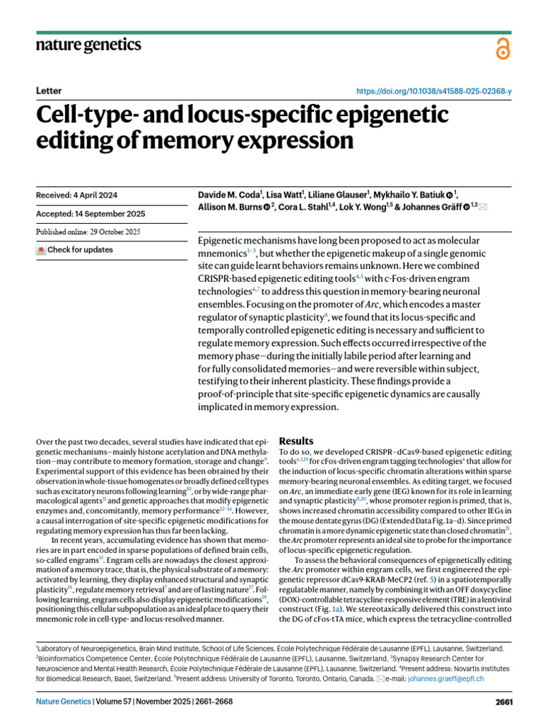 Cell-Type-And Locus-Specific Epigenetic Editing of Memory Expression ...