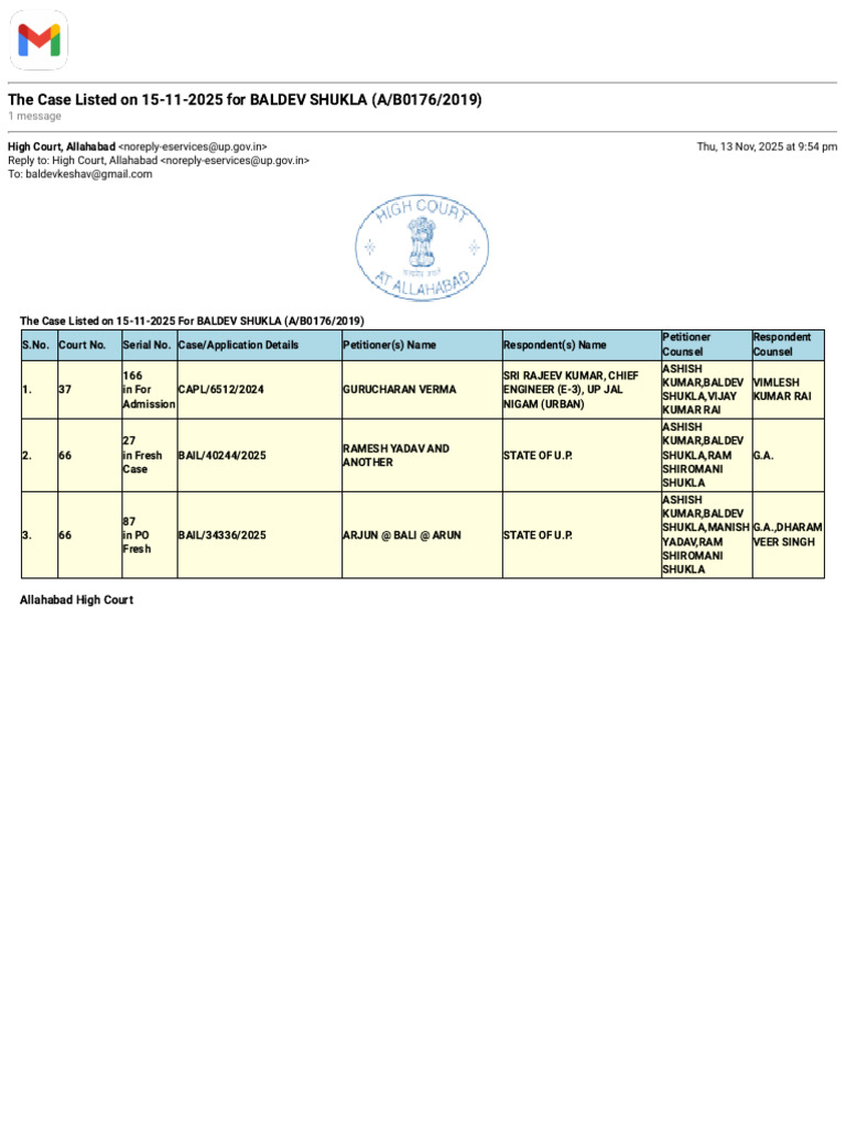 Gmail - The Case Listed On 15-11-2025 For BALDEV SHUKLA (A - B0176 ...