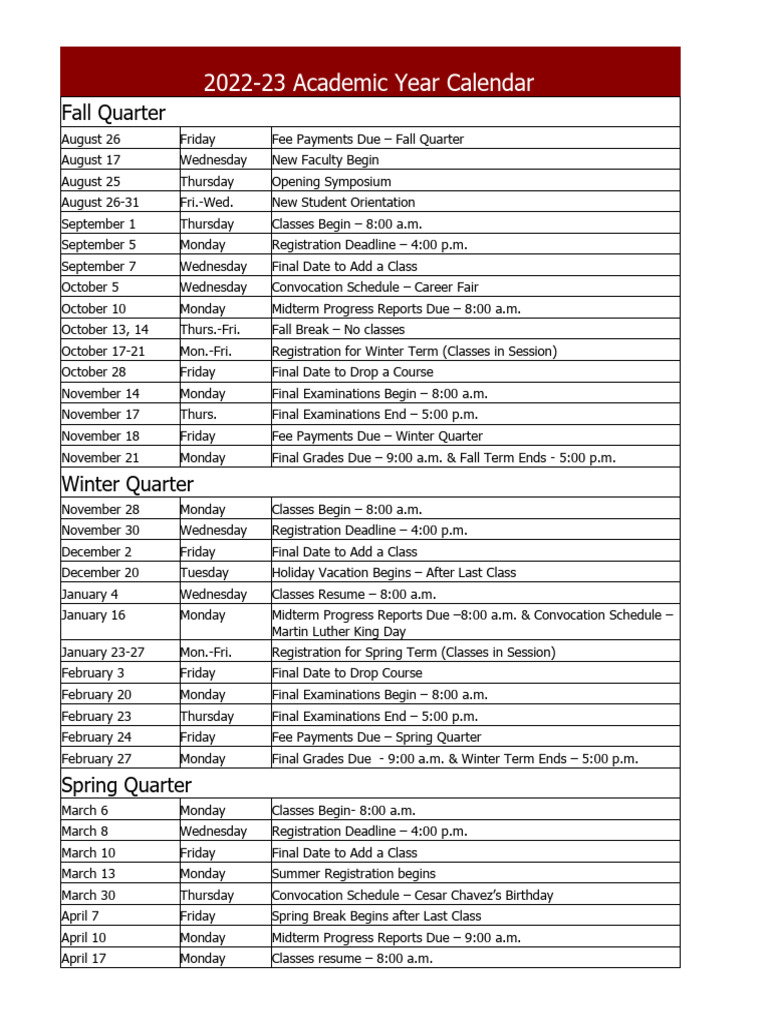 2022 23 Academic Year Calendar | PDF