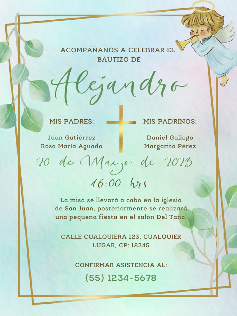 Invitación Vertical Bautizo Ilustrado Dorado y Verde.pdf | PDF