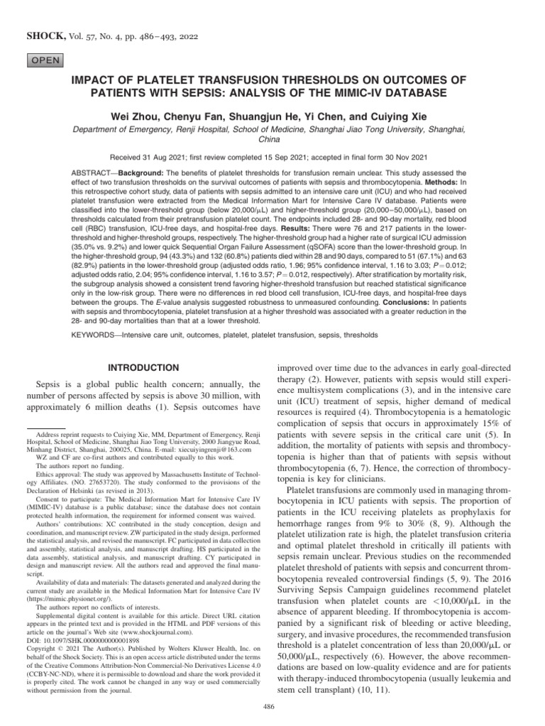 Impact of Platelet Transfusion Thresholds On.3 | PDF | Sepsis ...