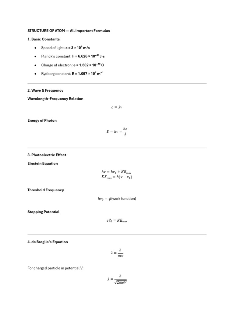 Structure of Atom Formulas AJAY SIR | PDF | Atomic Orbital | Electron