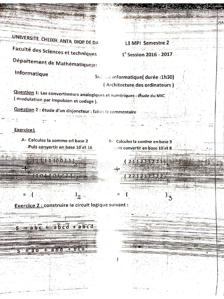 Examen 1 Informatique Noncorrection Normale 2 3 Mpi 2016 2017 Ucad | PDF
