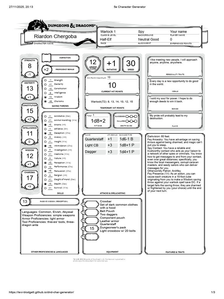 5e Character Generator Riardon Chergoba | PDF | D20 System | Dungeons ...