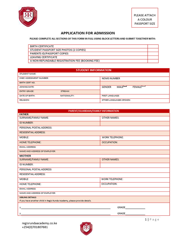 Regis Runda Academy Admission Form | PDF | Cheque | Payments