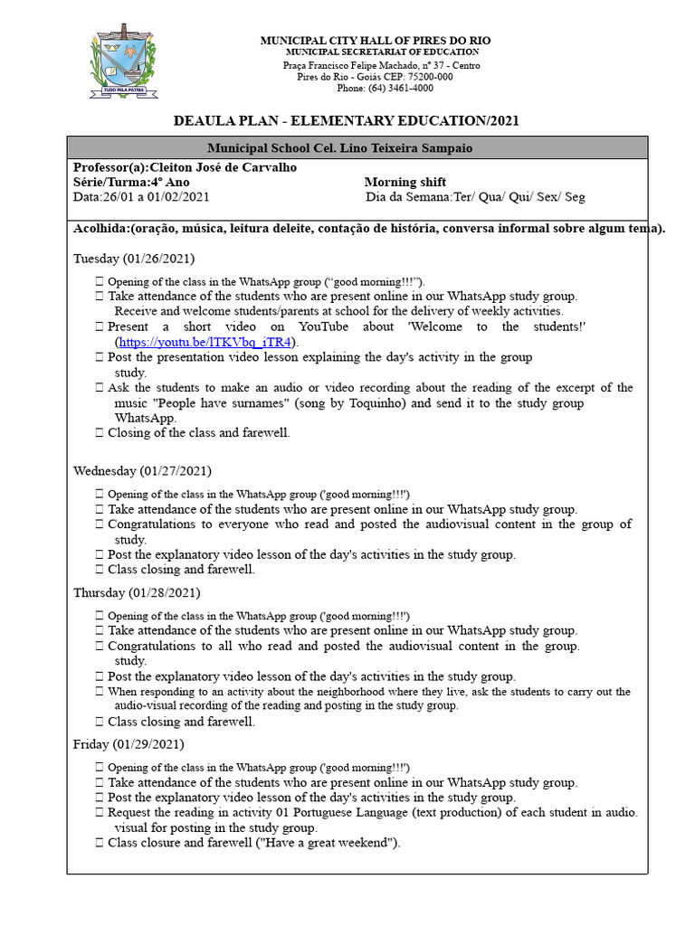 1st Week - 4th YEAR - Lesson Plan | PDF