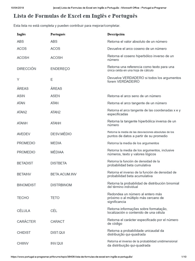 Lista de Fórmulas de Excel en Inglés y Portugués - Microsoft Office ...
