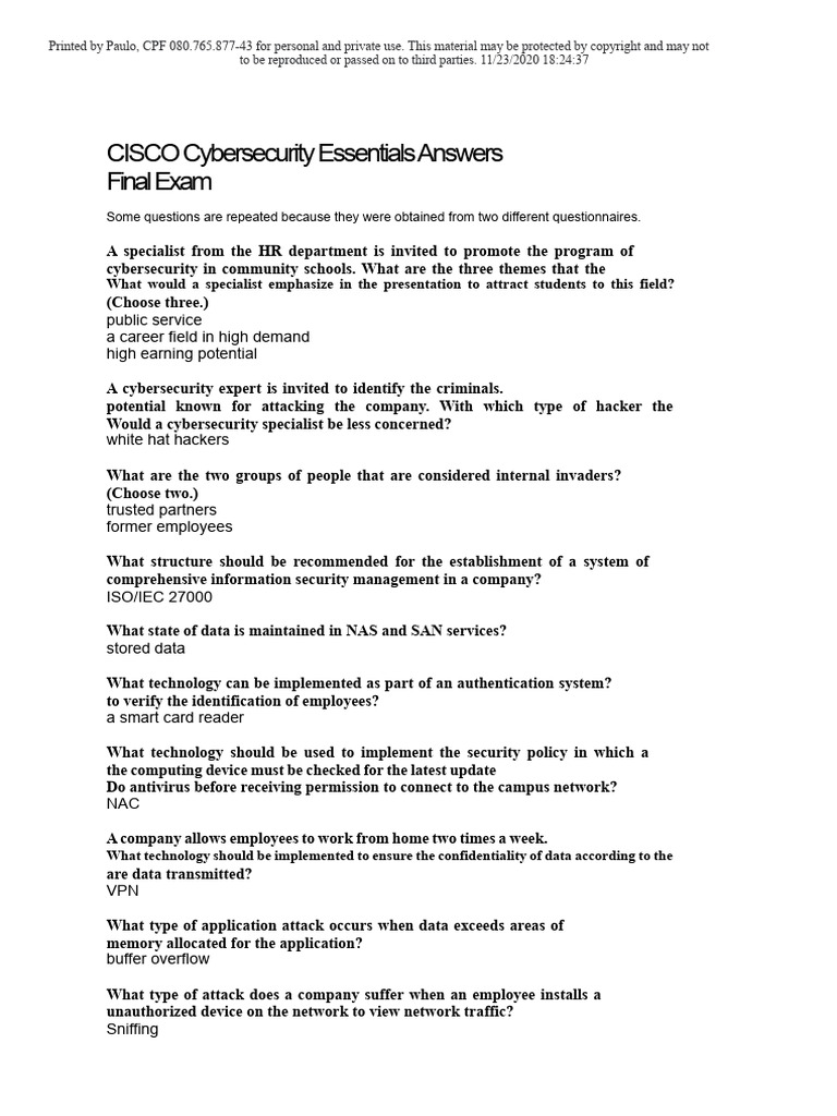 CISCO Cybersecurity Essentials Exam Guide | PDF | Security | Computer ...