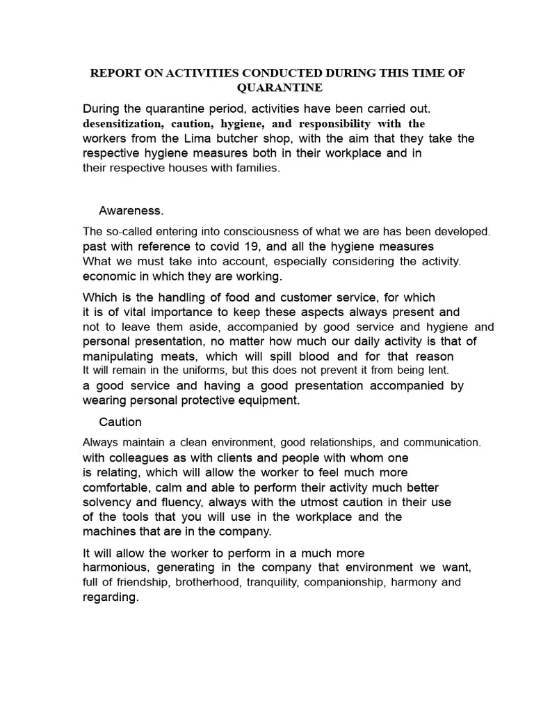 Report On Activities Carried Out During This Quarantine Period | PDF ...