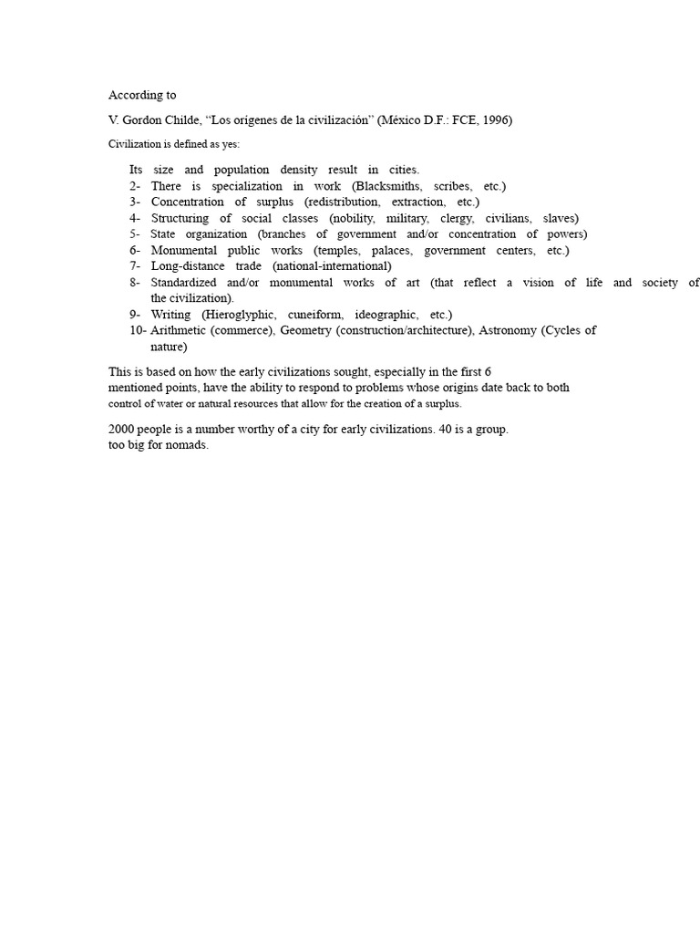 10 characteristics of civilization according to Gordon Childe | PDF
