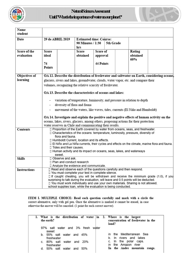 Natural Sciences Test 5th Grade | PDF | Oceans | Water