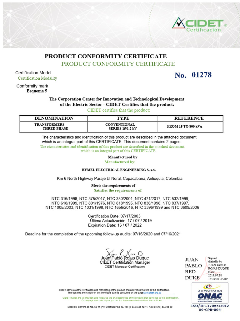 Transformer Certificate | PDF | Transformer | Electricity