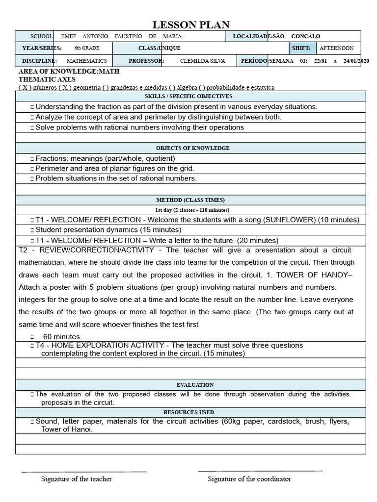 Lesson Plan - 6TH Grade - 1ST Week | PDF | Mathematics