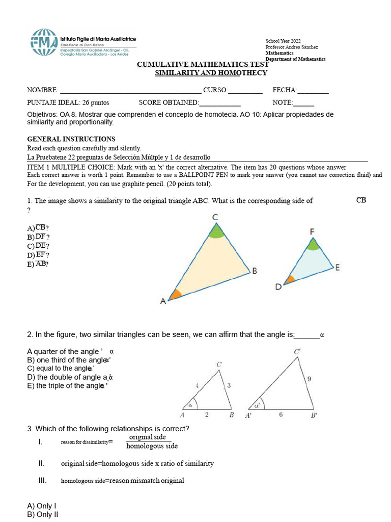 Mathematical Test Similarity and Homothecy Row A | PDF | Area ...