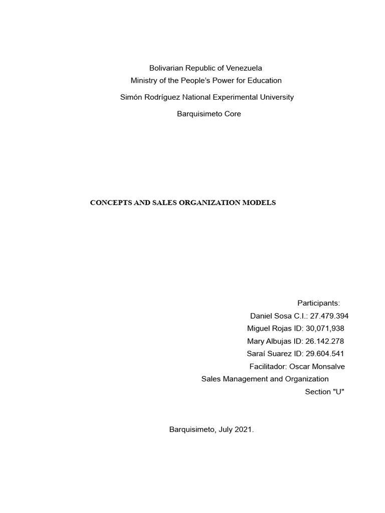 Unit Iv Concepts and Models of Sales Organization | PDF | Sales | Marketing
