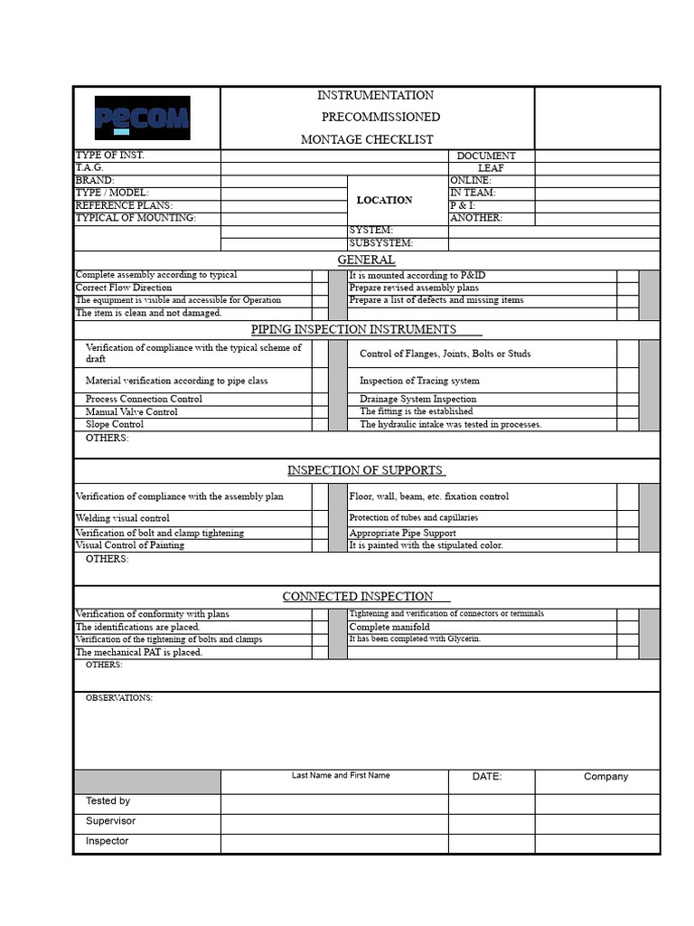 Fo.5279.CO.I.01-05 Assembly Check List | PDF | Pipe (Fluid Conveyance) | Mechanical Engineering