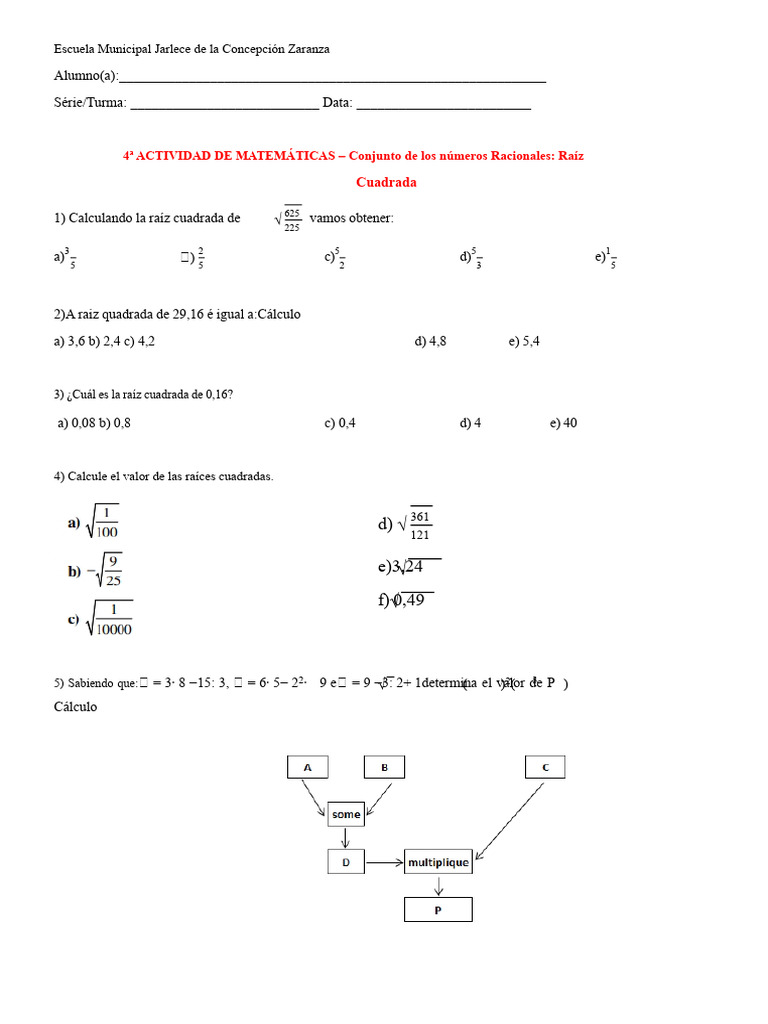 4 Atv de Mat - Números Racionales - Raíz Cuadrada | PDF