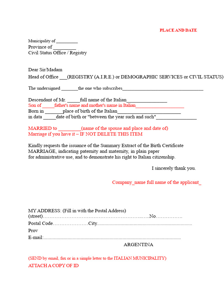 00 Request From Individuals Birth Certificate To Italy Municipality | PDF