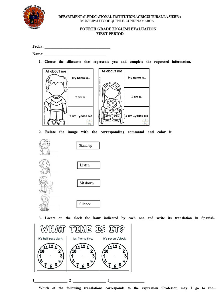 FIRST PERIOD EVALUATION ENGLISH FOURTH GRADE | PDF
