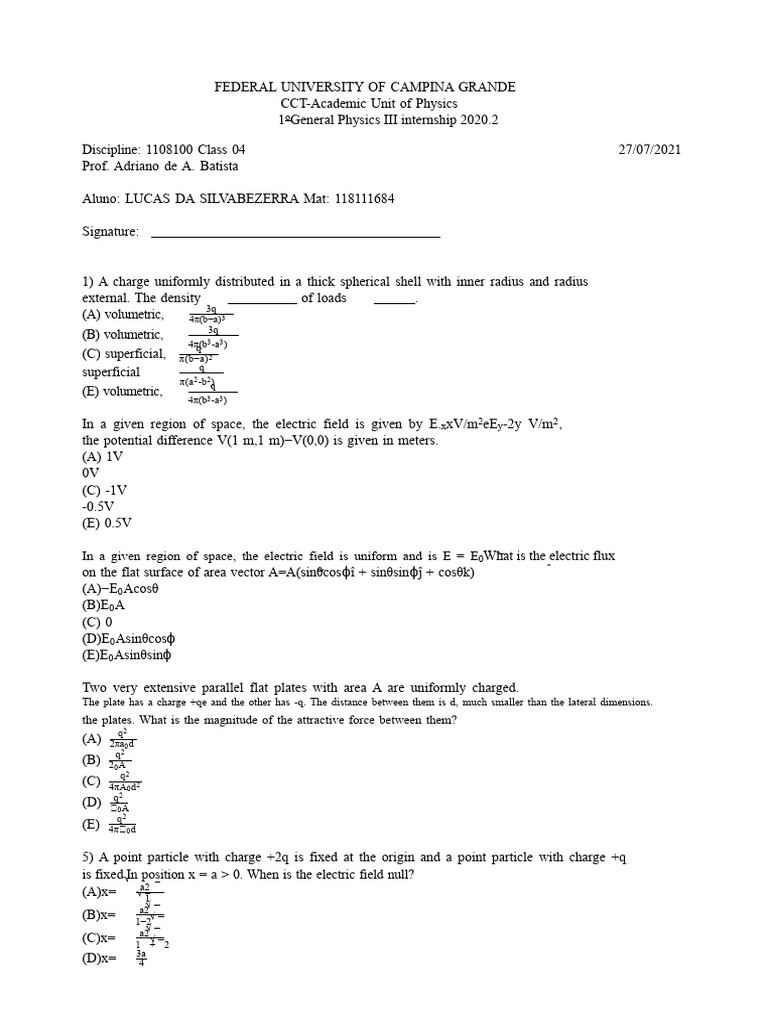 First Stage Exam Physics 3 UFCG | PDF | Electric Field | Sphere