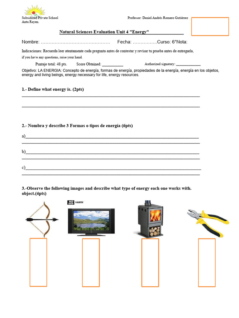 Test Science ENERGY SIXTH 2014 | PDF | Calorie | Potential Energy
