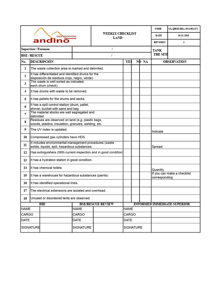 Weekly HSE Checklist for Waste Management | PDF | Waste | Dangerous Goods