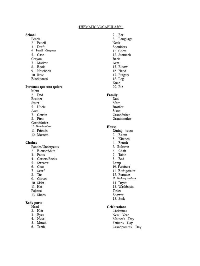 Thematic Vocabulary | PDF