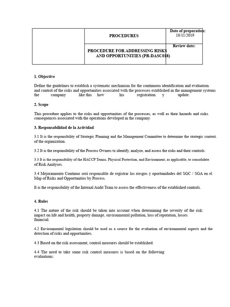 Procedure For Addressing Risks and Opportunities | PDF | Risk | Risk ...