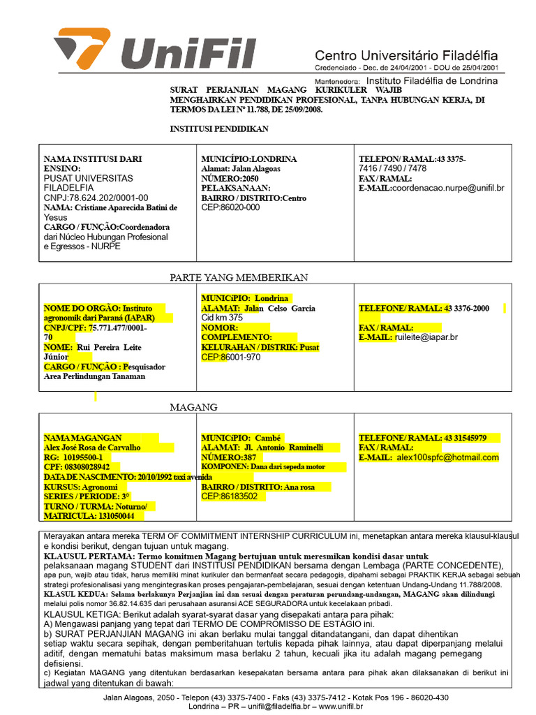 Model Surat Perjanjian Untuk Magang | PDF