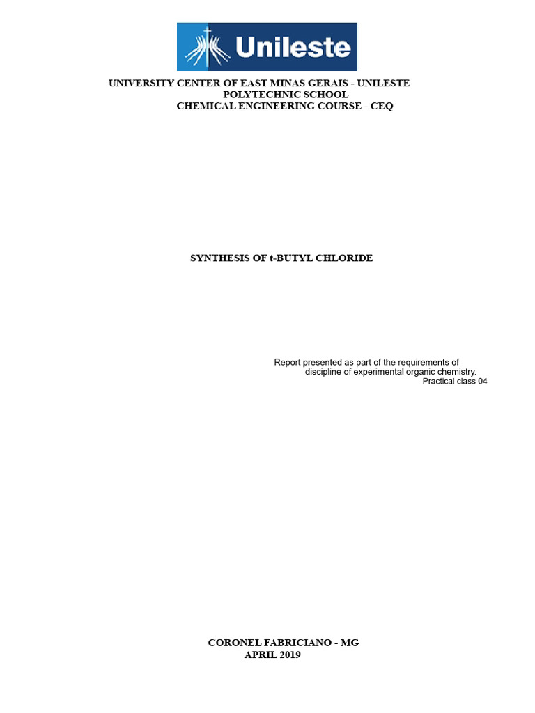 4- Synthesis of T-Butyl Chloride | PDF | Chemical Reactions | Atoms