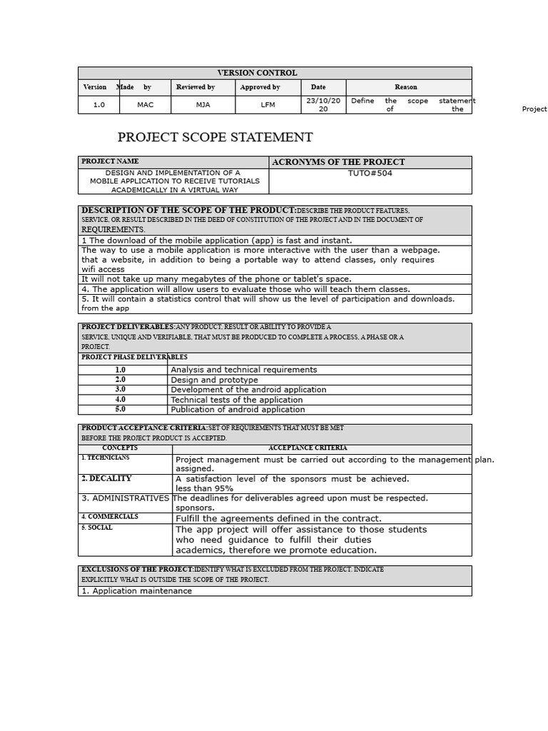 Scope management, Scope Statement, project requirements documentation ...