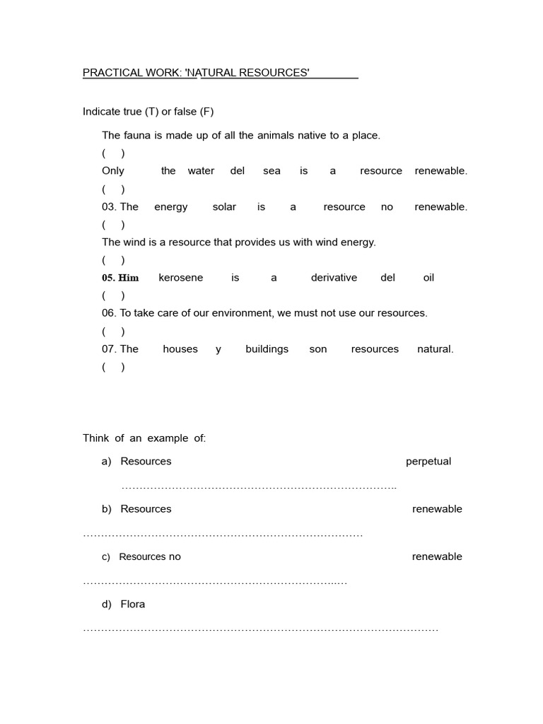 Practical Work 5th Grade Natural Resources | PDF
