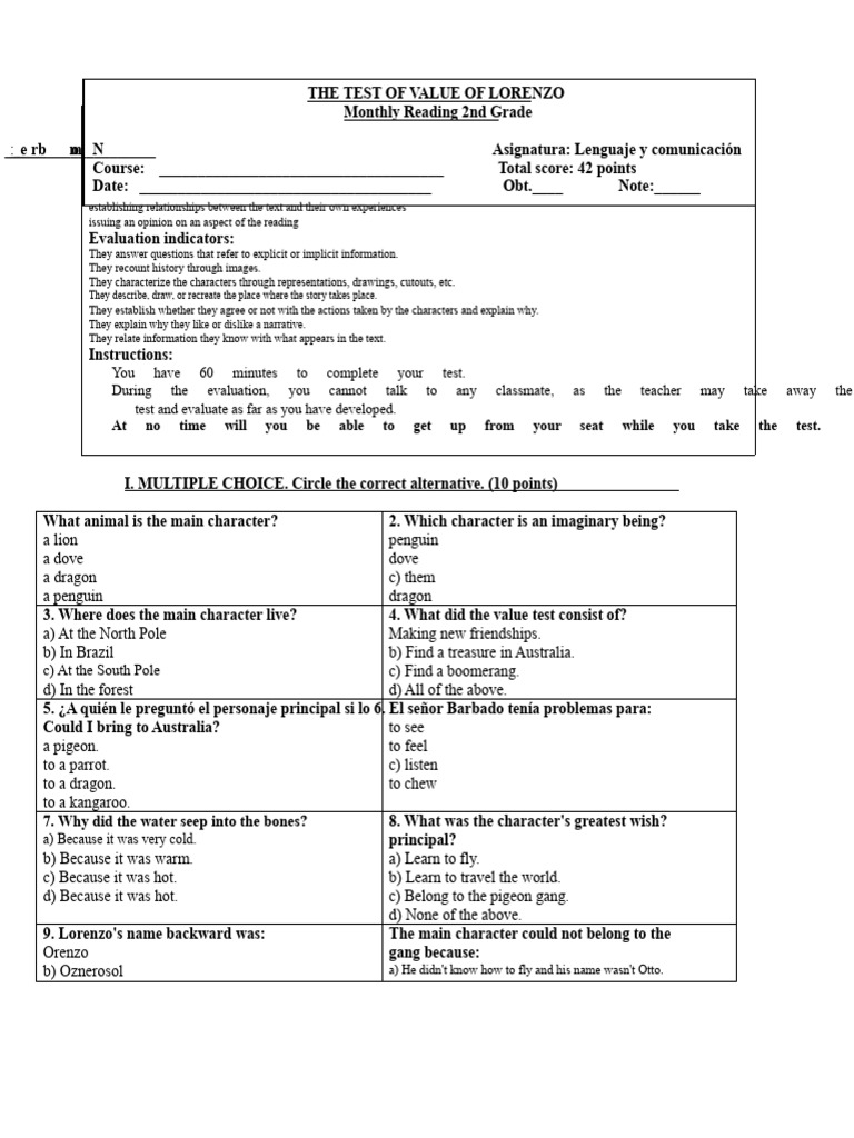 2nd Grade Reading Test: Lorenzo's Value | PDF