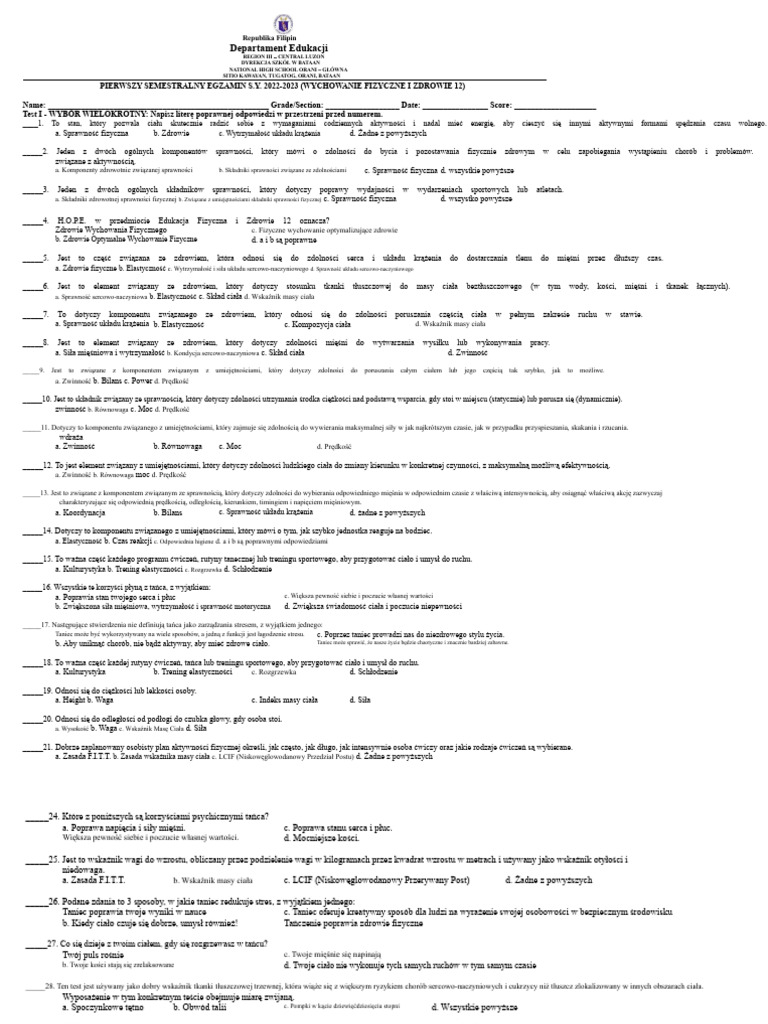 PE 12 SY 2022-2023 (Egzamin śródroczny) | PDF