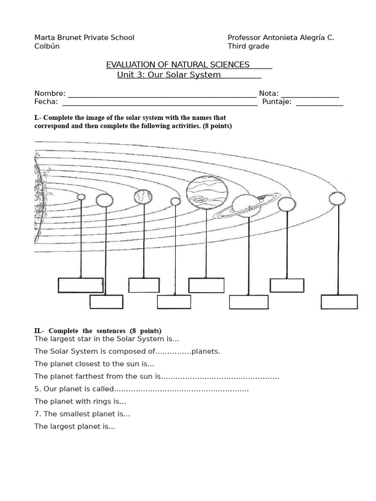 Solar System Evaluation for Third Grade | PDF | Planets | Solar System