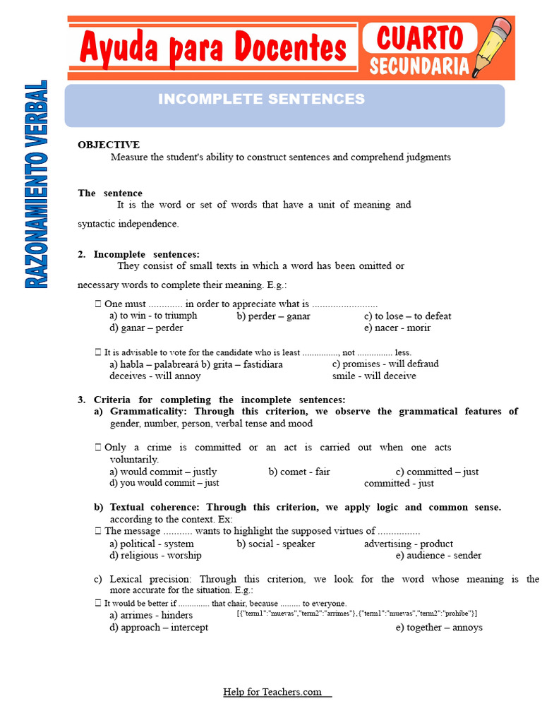Incomplete Sentences For Fourth Year Secondary School | PDF | Sentence ...