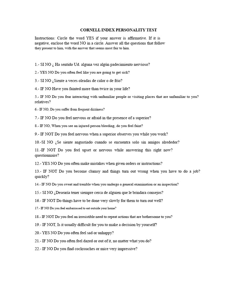 Cornell Index Personality Test Guide | PDF | Anxiety | Human Diseases ...
